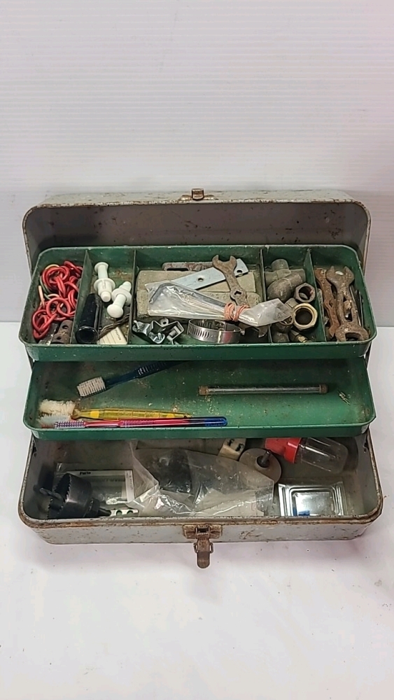 5 Gallon Gas Can & 14in Metal Tool Box w/ Contents