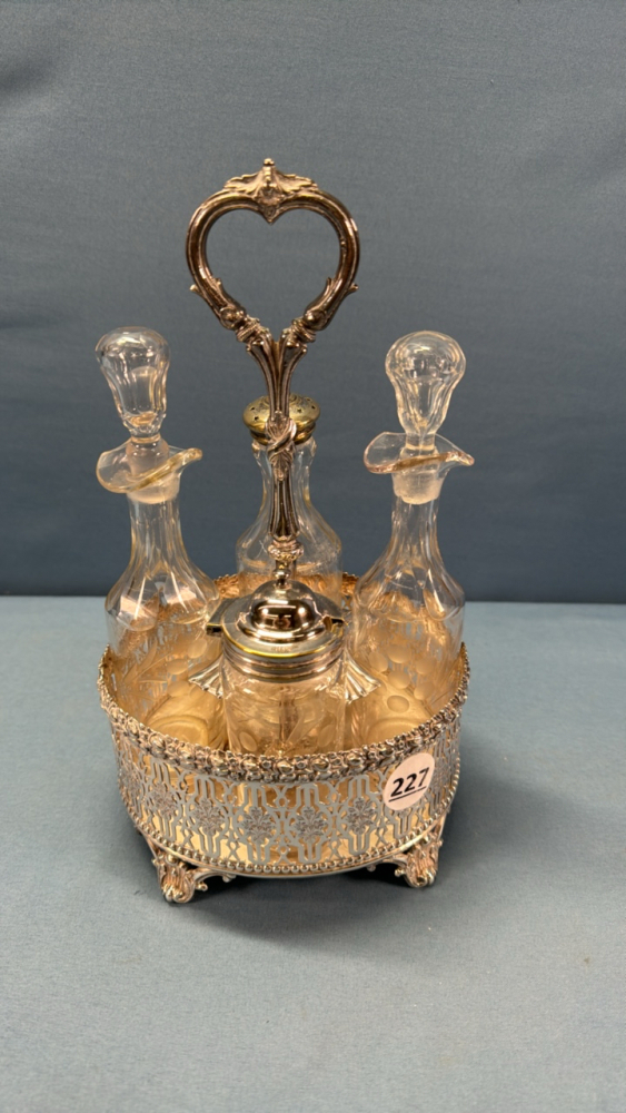 Caster Set with 4 Etched Glass Bottles